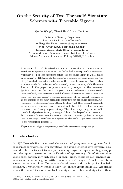 Pdf On The Security Of Two Threshold Signature Schemes With Traceable
