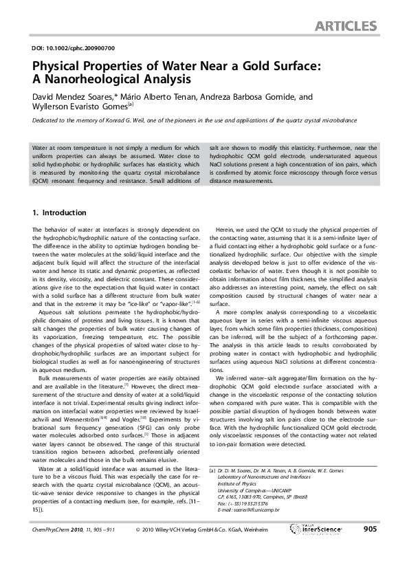 (PDF) Physical Properties of Water Near a Gold Surface: A ...