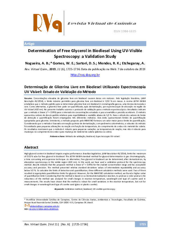 (PDF) Determination of Free Glycerol in Biodiesel Using UV-Visible ...