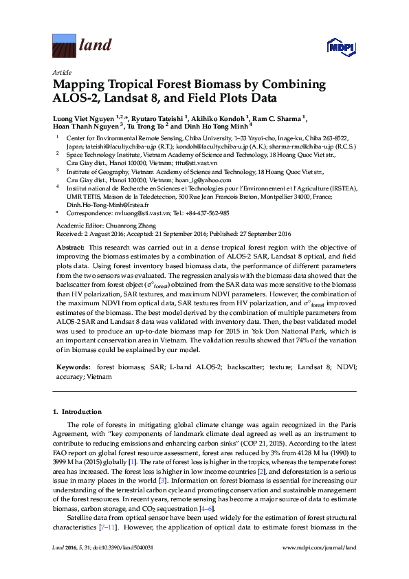 (PDF) Mapping Tropical Forest Biomass by Combining ALOS-2, Landsat 8, and Field Plots Data