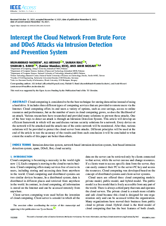 (PDF) Intercept the Cloud Network From Brute Force and DDoS Attacks via Intrusion Detection and ...
