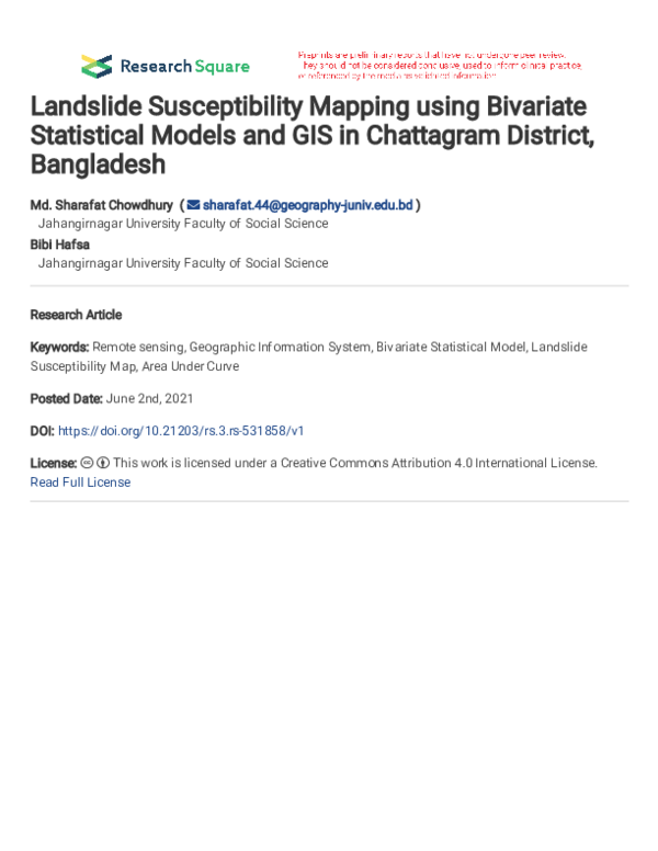 Pdf Landslide Susceptibility Mapping Using Bivariate Statistical