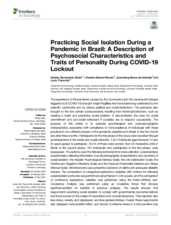 (PDF) Practicing Social Isolation During a Pandemic in Brazil: A ...