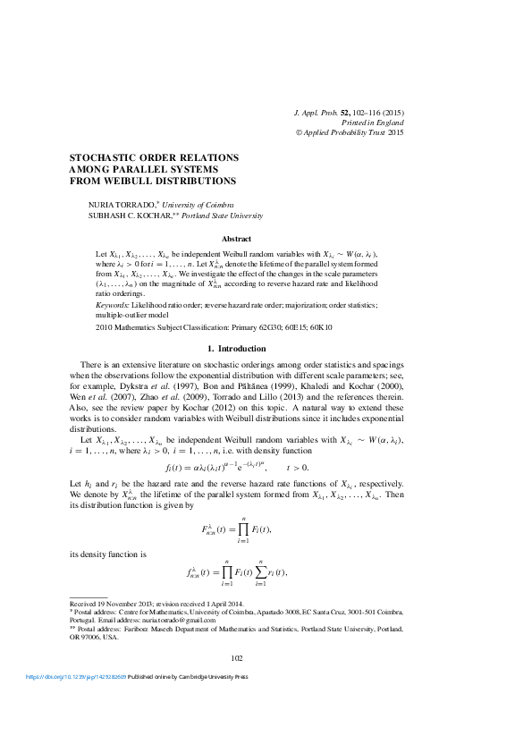 (PDF) Stochastic Order Relations Among Parallel Systems from Weibull Distributions