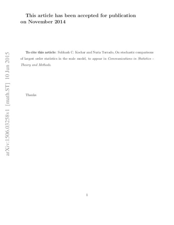 Pdf On Stochastic Comparisons Of Largest Order Statistics In The