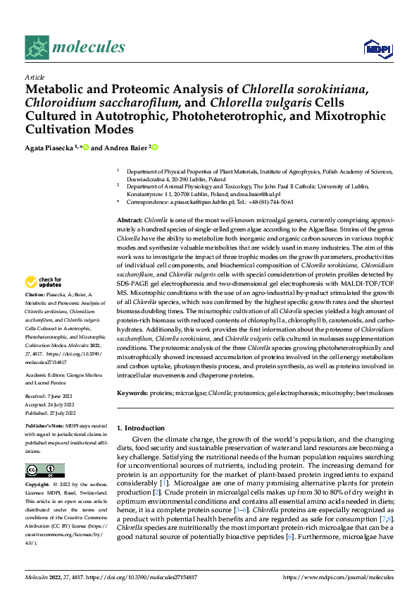 (PDF) Metabolic and Proteomic Analysis of Chlorella sorokiniana, Chloroidium saccharofilum, and ...