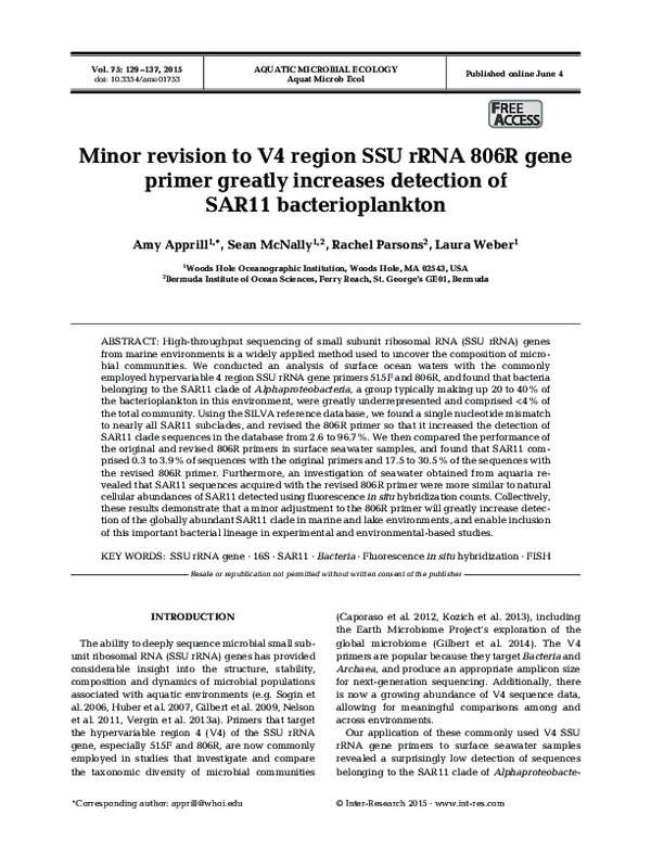 (PDF) Minor revision to V4 region SSU rRNA 806R gene primer greatly ...