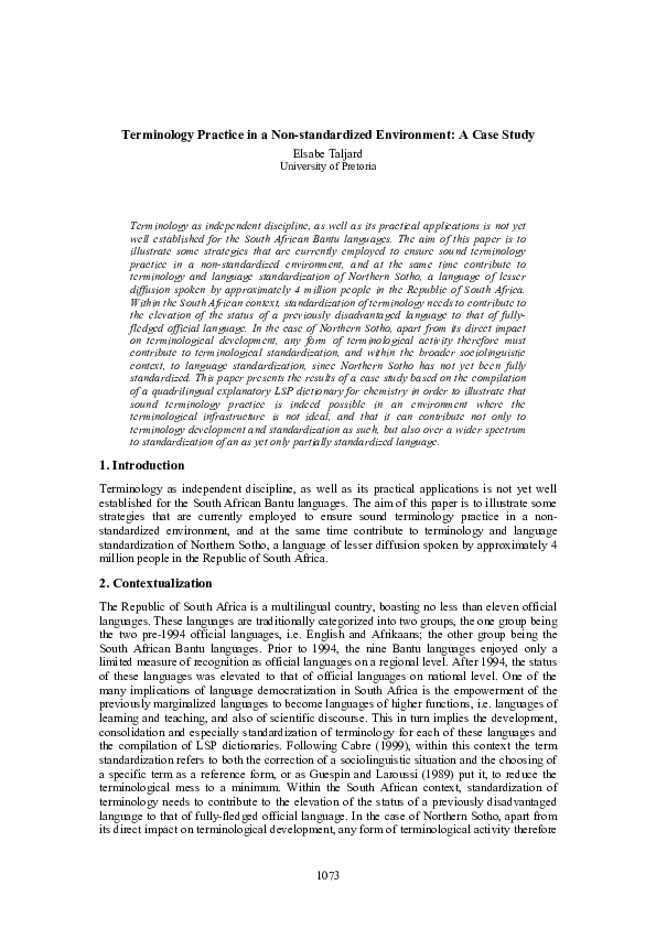 (PDF) Terminology practice in a non-standardized environment: a case study