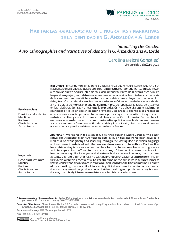 (PDF) Identidad Heredada 8. Habitar las rajaduras: Auto-etnografías y ...