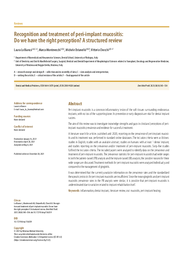 (PDF) Recognition and treatment of peri-implant mucositis: Do we have the right perception? A ...
