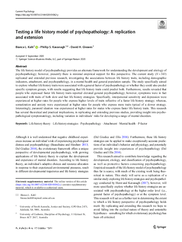 (PDF) Testing a life history model of psychopathology: A replication ...