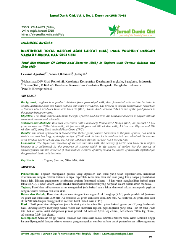 (PDF) Identifikasi Total Bakteri Asam Laktat (BAL) pada Yoghurt dengan Variasi Sukrosa dan Susu ...