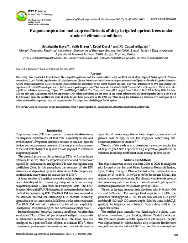 Pdf Evapotranspiration And Crop Coefficients Of Drip Irrigated Apricot Trees Under Semiarid