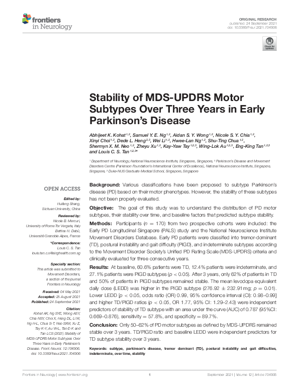 (PDF) Stability of MDS-UPDRS Motor Subtypes Over Three Years in Early ...