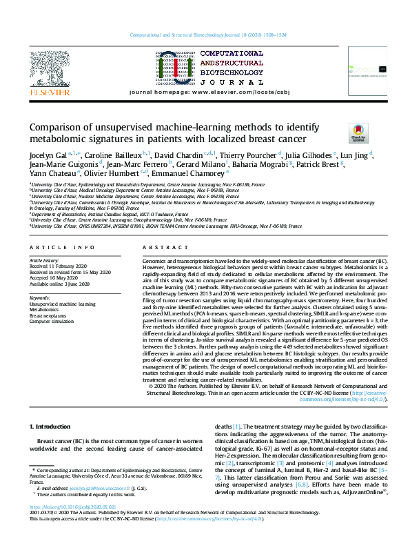 (PDF) Comparison of unsupervised machine-learning methods to identify metabolomic signatures in ...