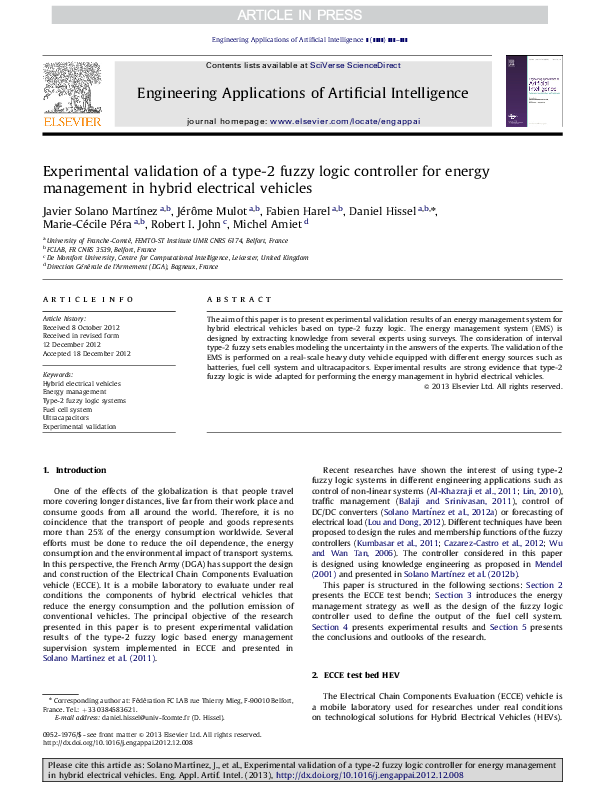 Pdf Experimental Validation Of A Type 2 Fuzzy Logic Controller For Energy Management In Hybrid