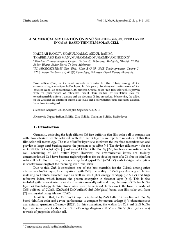 (PDF) A NUMERICAL SIMULATION ON ZINC SULFIDE (ZnS) BUFFER LAYER IN CuInS2 BASED THIN FILM SOLAR CELL