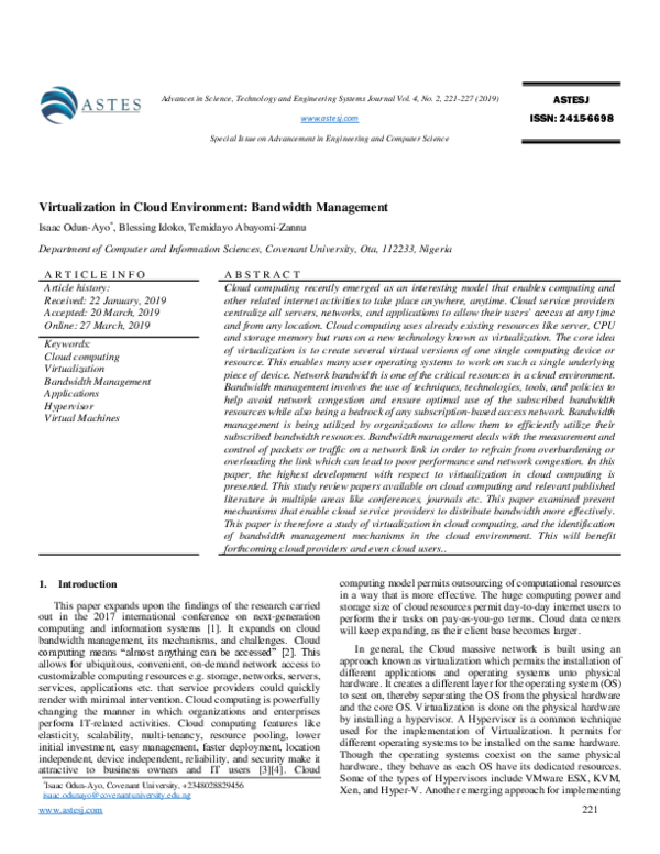 (PDF) Virtualization in Cloud Environment: Bandwidth Management | Isaac Odun-Ayo - Academia.edu