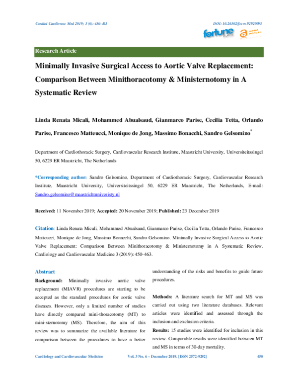 (PDF) Minimally Invasive Surgical Access to Aortic Valve Replacement: Comparison Between ...