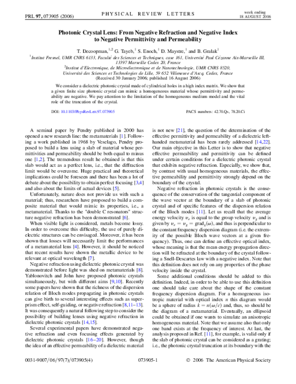 (PDF) Photonic Crystal Lens: From Negative Refraction and Negative ...