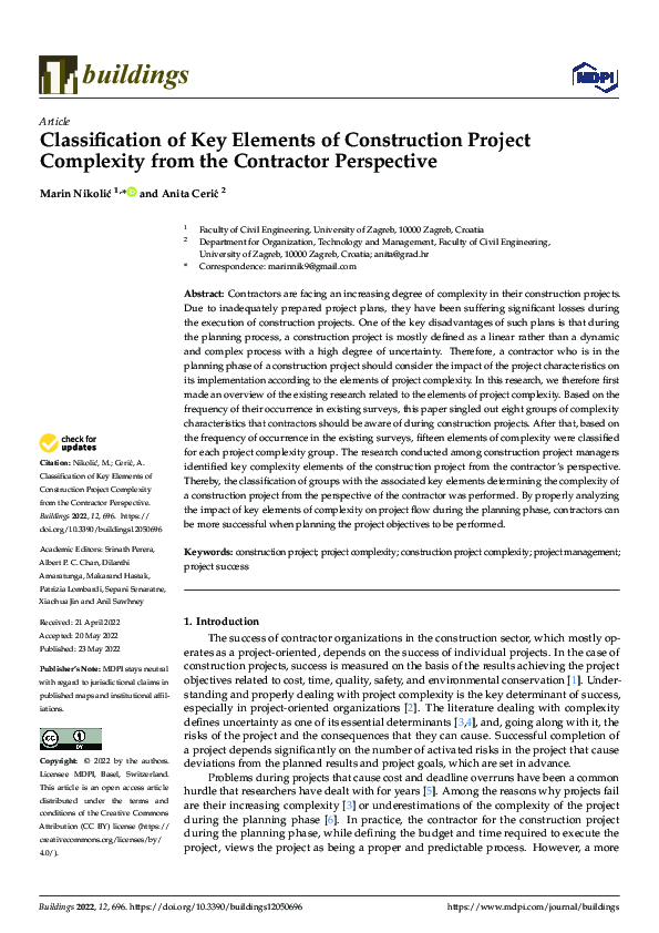 (PDF) Classification of Key Elements of Construction Project Complexity from the Contractor ...