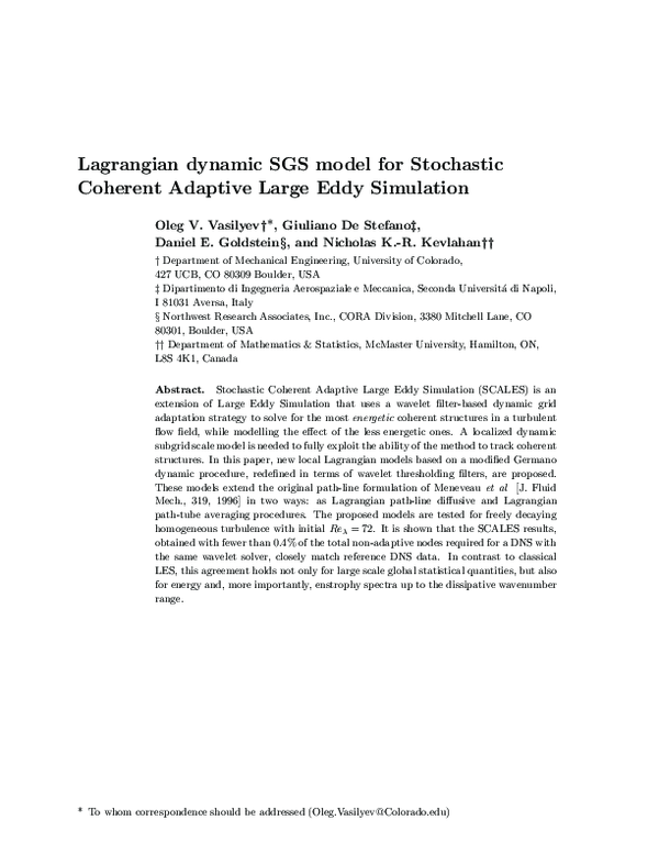 (PDF) Lagrangian dynamic SGS model for stochastic coherent adaptive large eddy simulation
