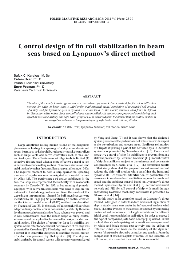 (PDF) Control design of fin roll stabilization in beam seas based on Lyapunov's direct method