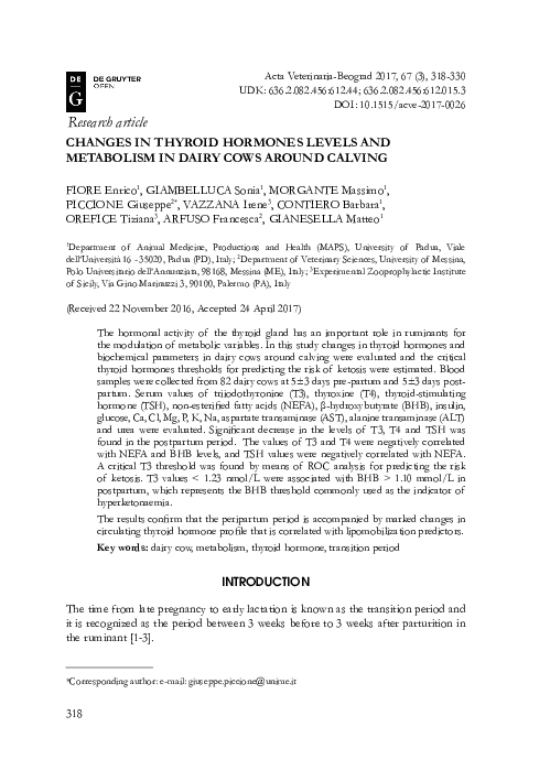 (PDF) Changes in Thyroid Hormones Levels and Metabolism in Dairy Cows ...