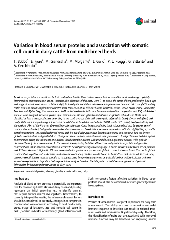 (PDF) Variation in blood serum proteins and association with somatic cell count in dairy cattle ...