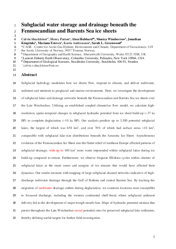 (PDF) Subglacial water storage and drainage beneath the Fennoscandian and Barents Sea ice sheets