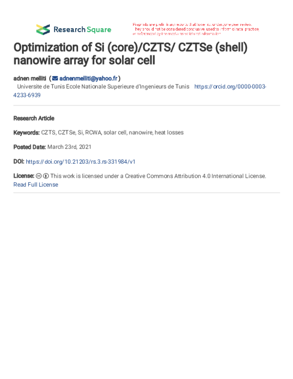 (PDF) Optimization of Si (core)/CZTS/CZTSe (shell) nanowire array for solar cell | Mohamed Ahmed ...