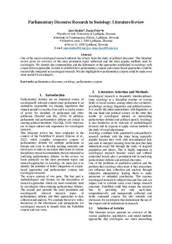 (PDF) Parliamentary Discourse Research in Sociology: Literature Review
