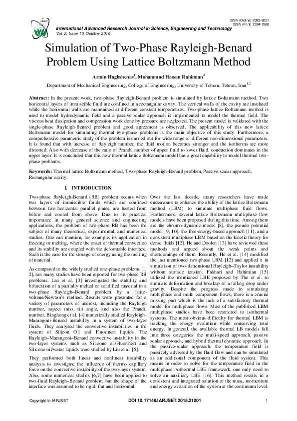 Pdf Simulation Of Two Phase Rayleigh Benard Problem Using Lattice Boltzmann Method