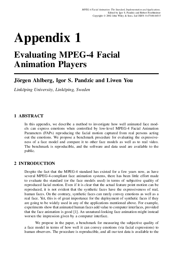 (PDF) Appendix 1: Evaluating MPEG-4 Facial Animation Players