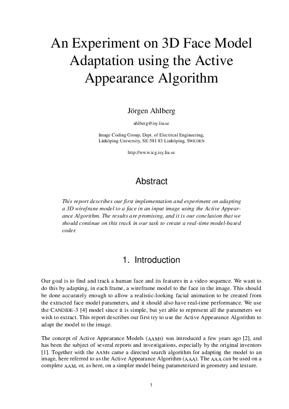 (PDF) An Experiment on 3D Face Model Adaptation using the Active Appearance Algorithm