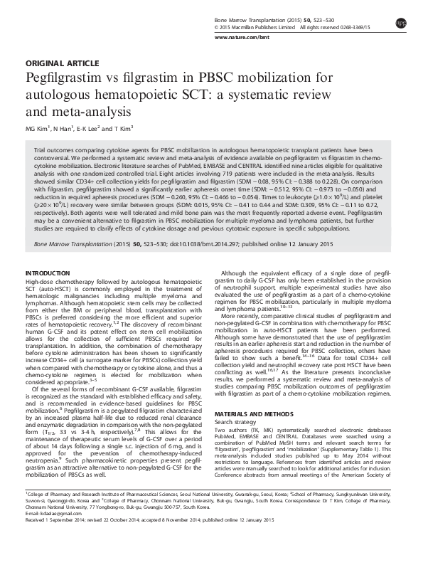(PDF) Pegfilgrastim vs filgrastim in PBSC mobilization for autologous ...