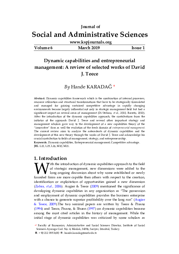 Pdf Dynamic Capabilities And Entrepreneurial Management A Review Of Selected Works Of David J