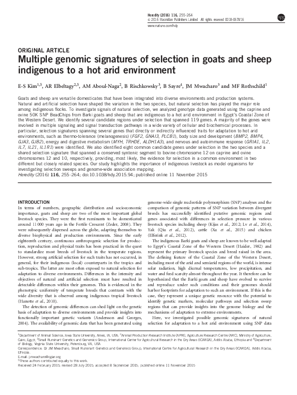 (PDF) Multiple genomic signatures of selection in goats and sheep indigenous to a hot arid ...