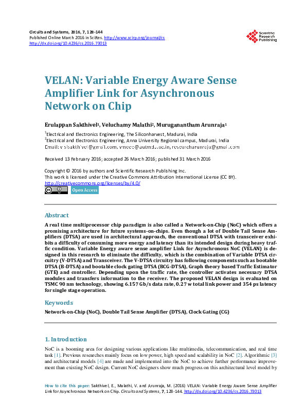 (PDF) VELAN: Variable Energy Aware Sense Amplifier Link for Asynchronous Network on Chip