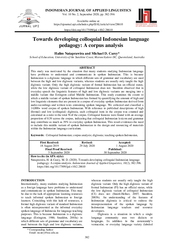 Pdf Towards Developing Colloquial Indonesian Language Pedagogy A Corpus Analysis