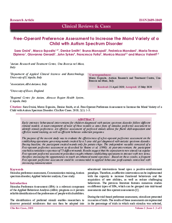 (PDF) Free-Operant Preference Assessment to Increase the Mand Variety ...