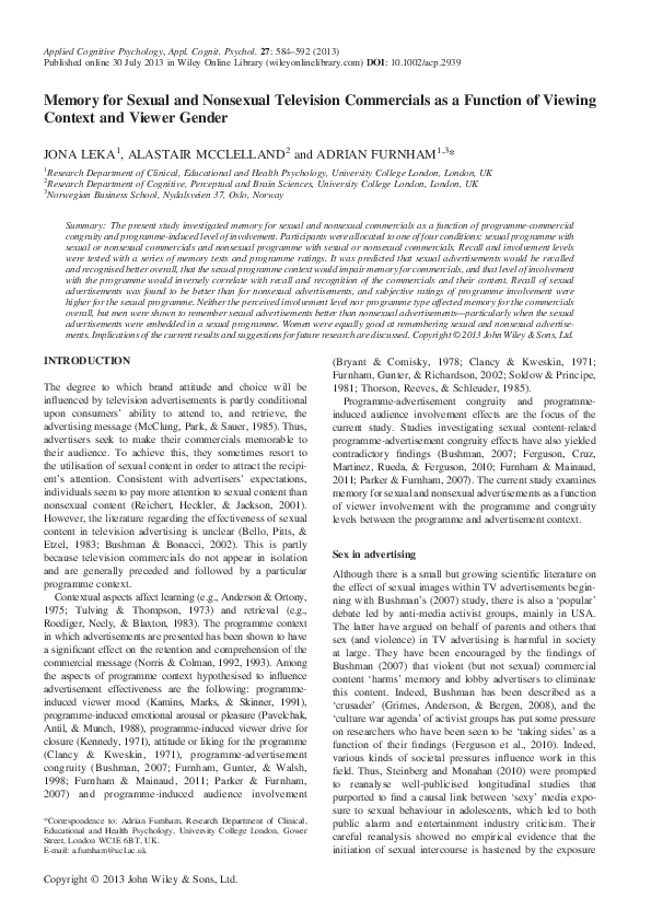 (PDF) Memory for Sexual and Nonsexual Television Commercials as a ...