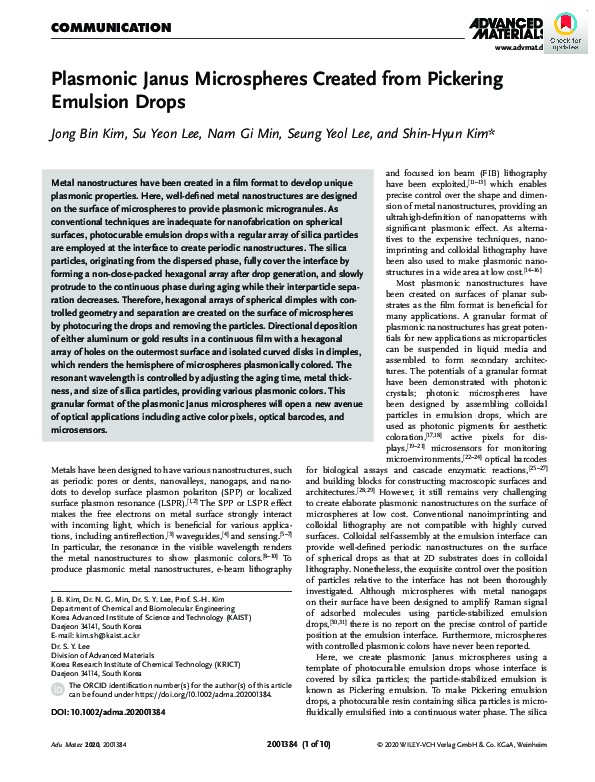 (PDF) Plasmonic Janus Microspheres Created from Pickering Emulsion Drops