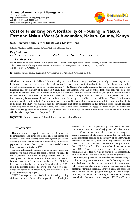 (PDF) Cost of Financing on Affordability of Housing in Nakuru East and ...