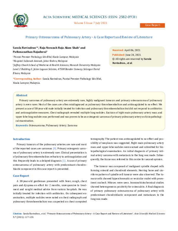 (PDF) Primary Osteosarcoma of Pulmonary Artery - A Case Report and Review of Literature