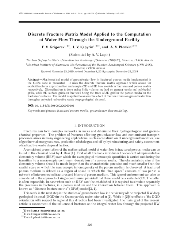 (PDF) Discrete Fracture Matrix Model Applied to the Computation of Water Flow Through the ...