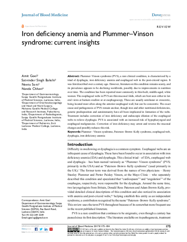 (PDF) Iron deficiency anemia and Plummer-Vinson syndrome: current ...