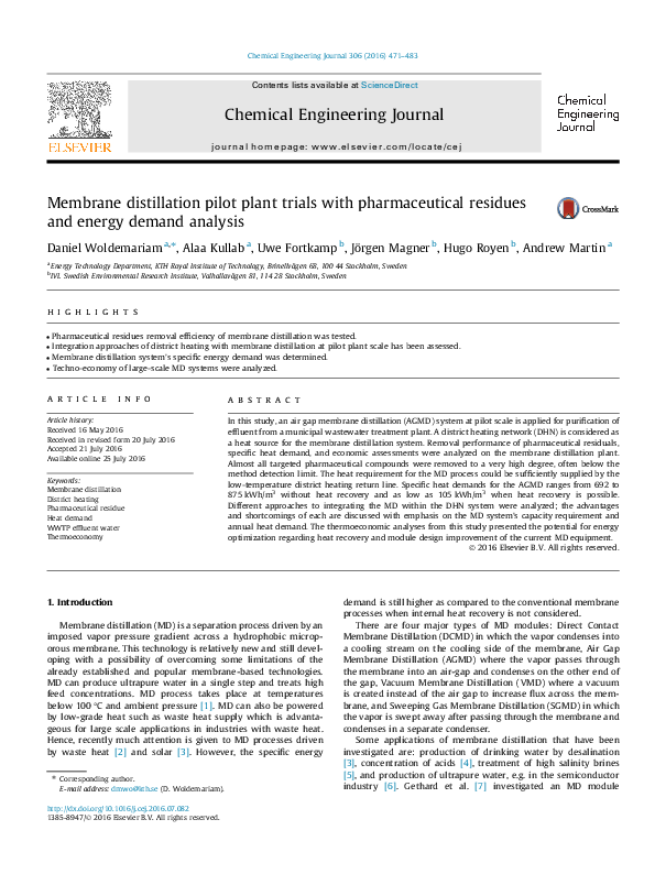 (PDF) Membrane distillation pilot plant trials with pharmaceutical ...