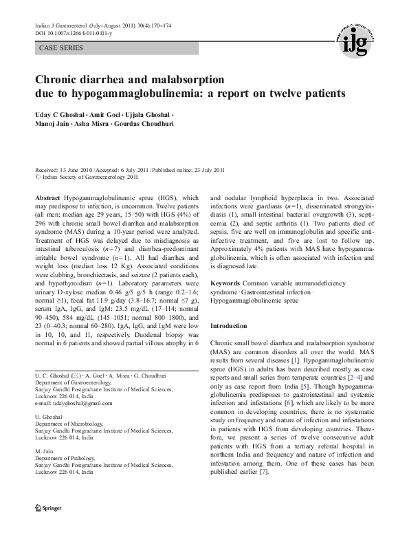 (PDF) Chronic diarrhea and malabsorption due to hypogammaglobulinemia ...