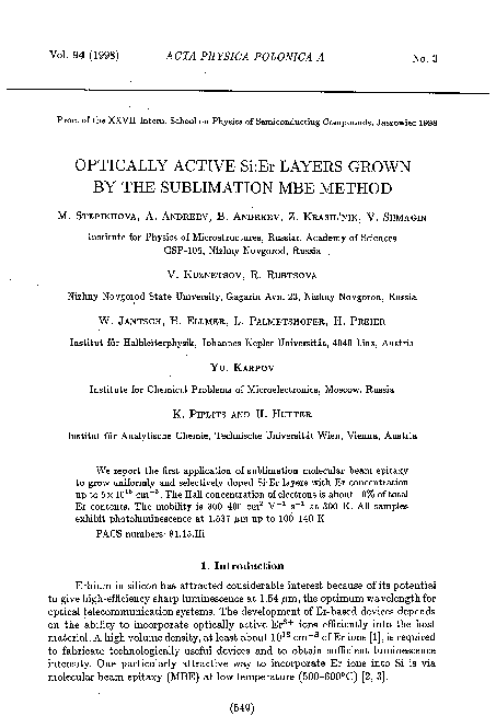(PDF) Optically Active Si:Er Layers Grown by the Sublimation MBE Method